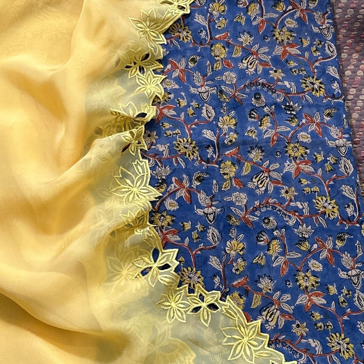 Pure Cotton Malmal Handblocked Fabric with Exclusive Cutwork Organza D ...