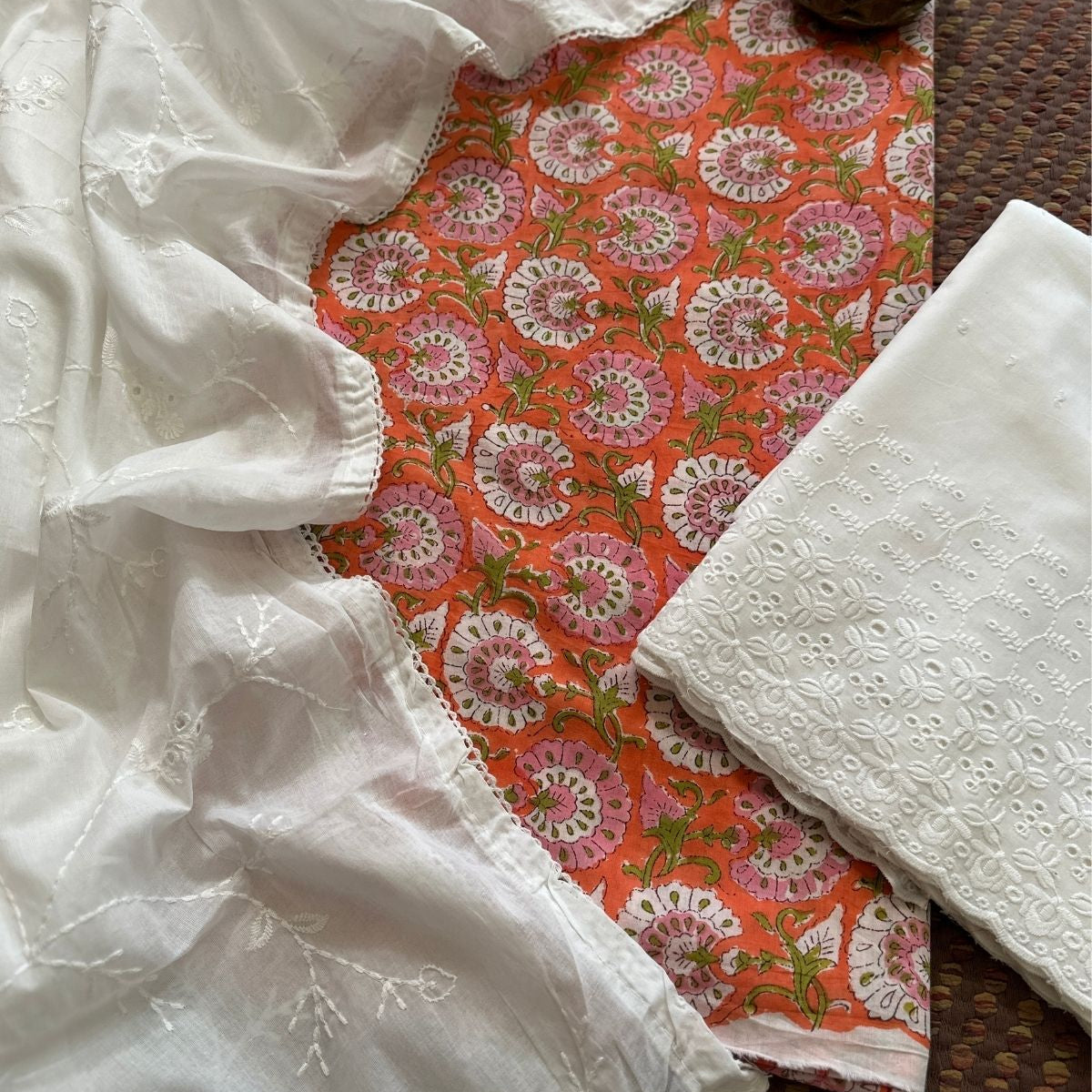 Pure Cotton Malmal Hand-block Fabric with Exclusive Embroidered Bottom ...
