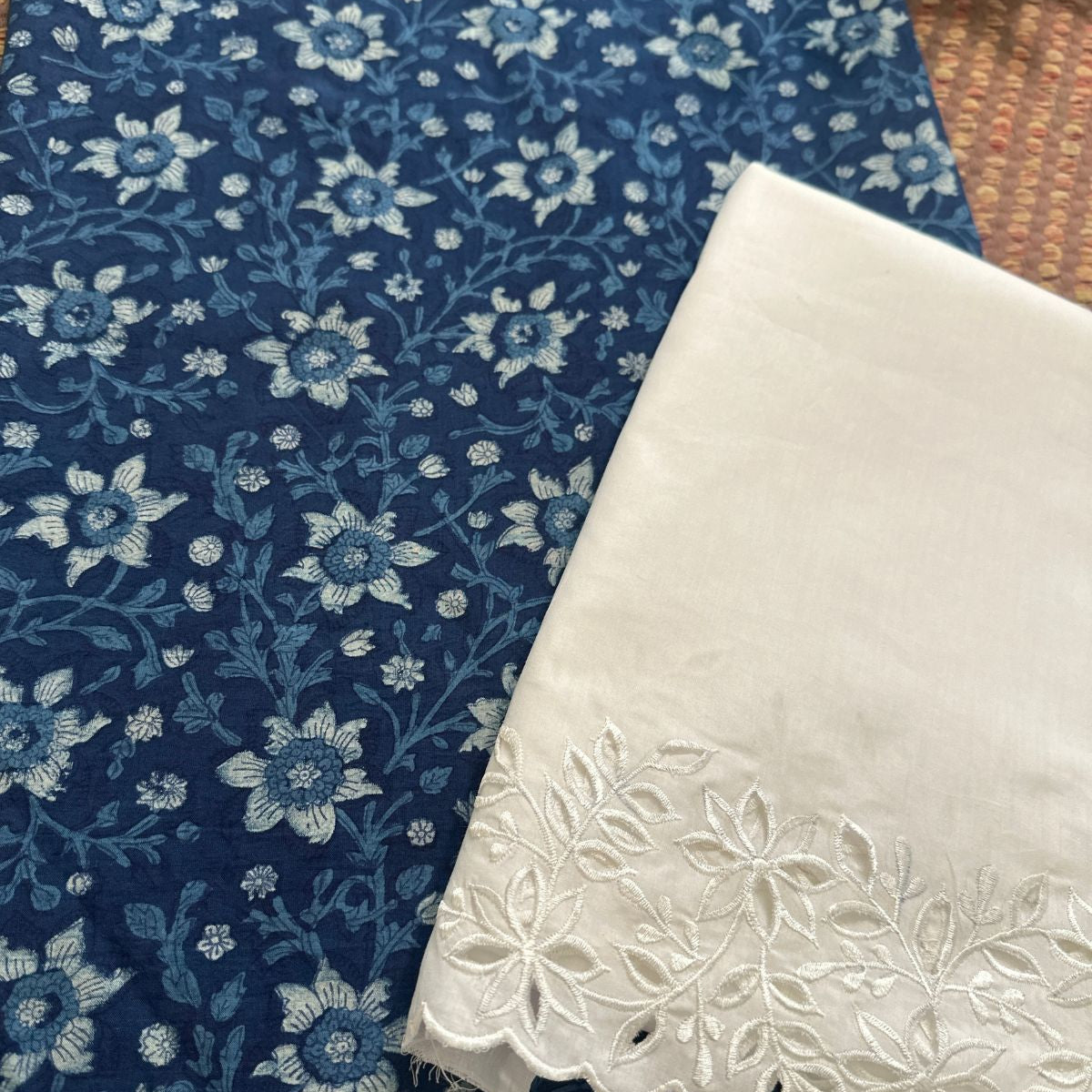 Pure Cotton Handblocked Fabric with Cutwork Embroidered Bottom – NIMBU ...